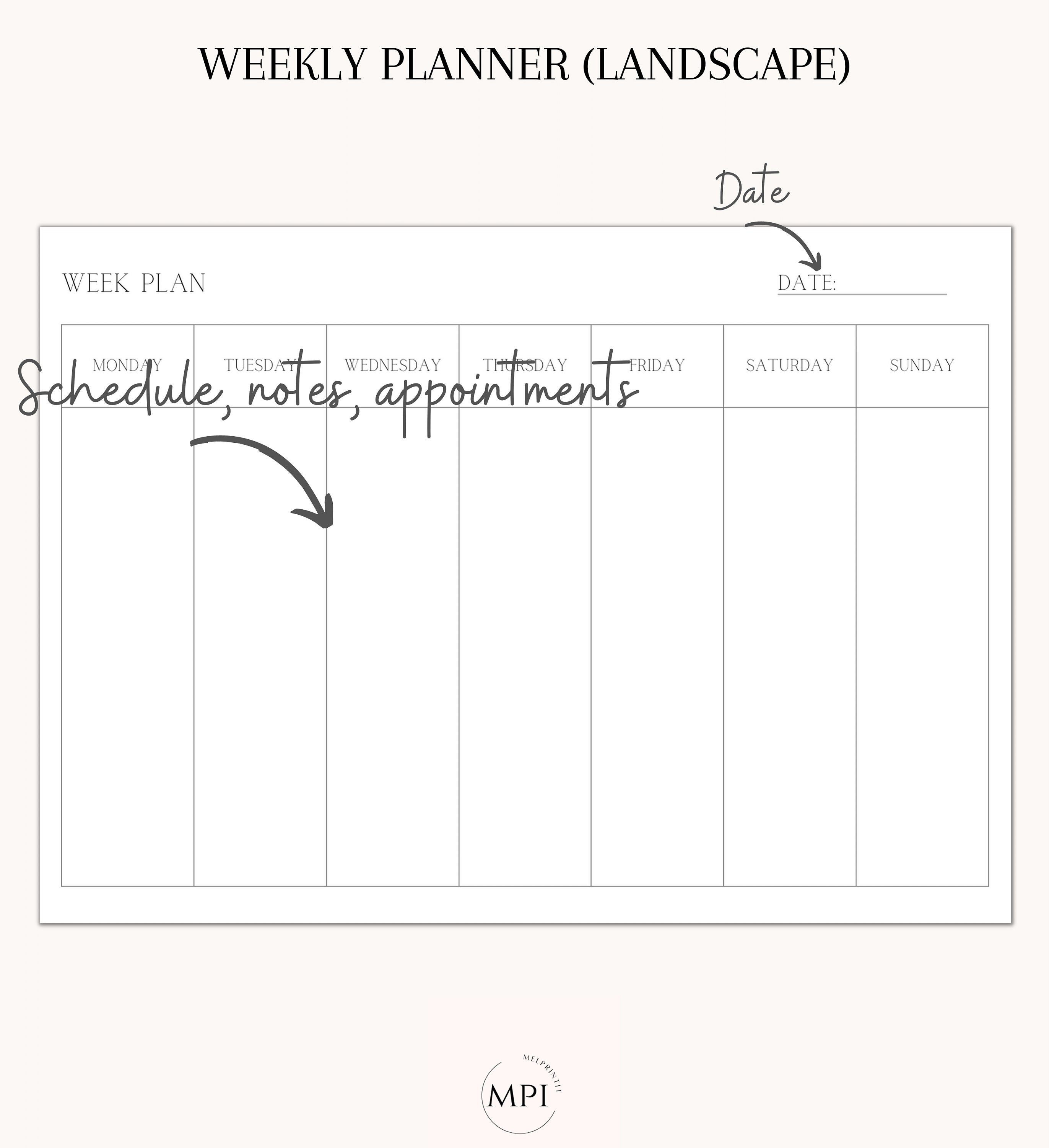 Printable One Page Weekly Planner Landscape, A4/a5/letter/half Letter ...
