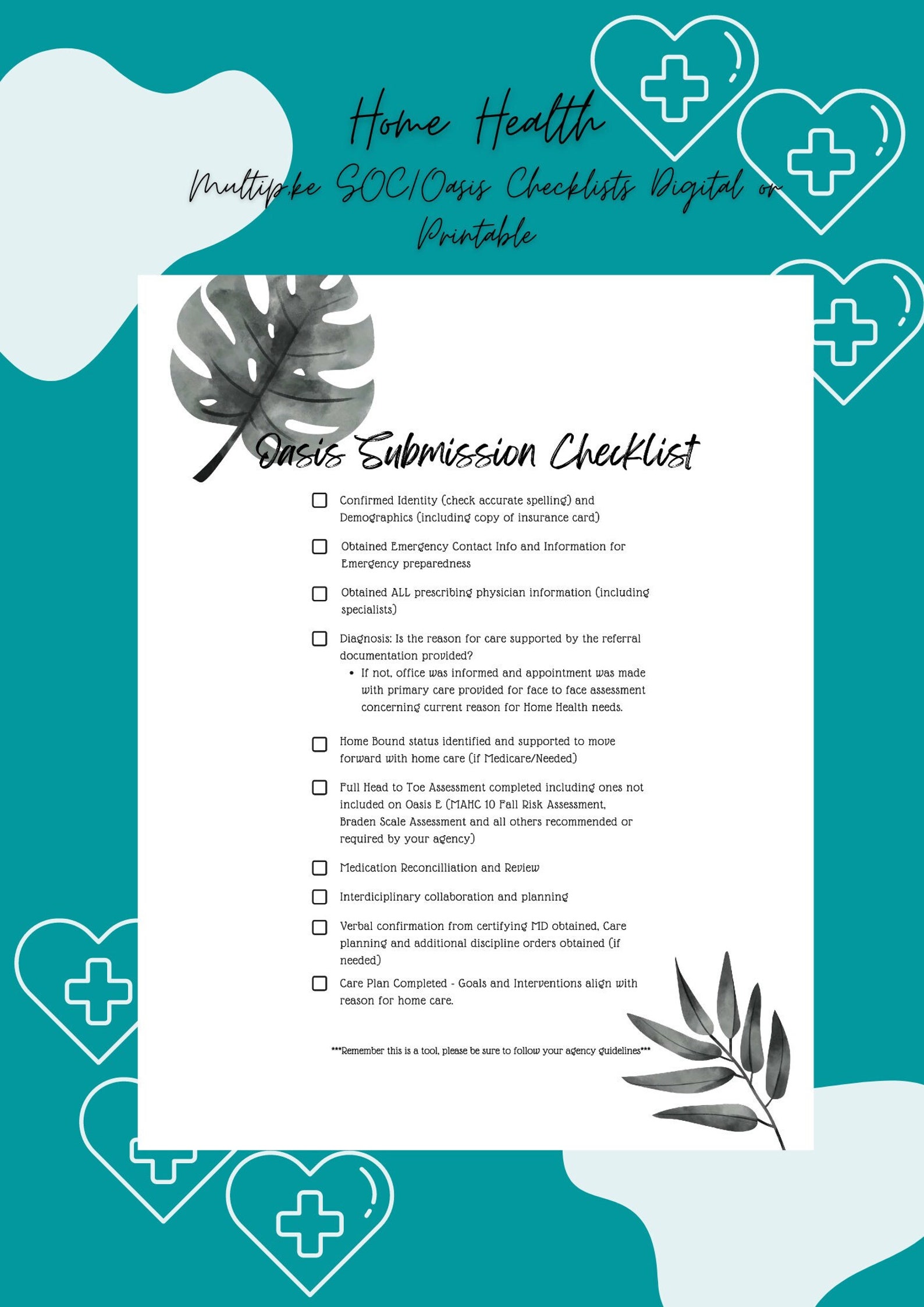 Medicare SOC Oasis Checklists | Set of 4 | Nurse Planner | Home Care ...