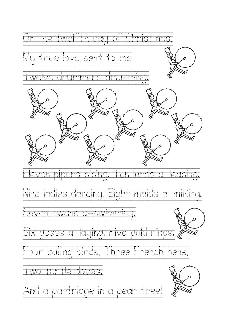 12 Days Of Christmas Printable Handwriting Practice Colouring