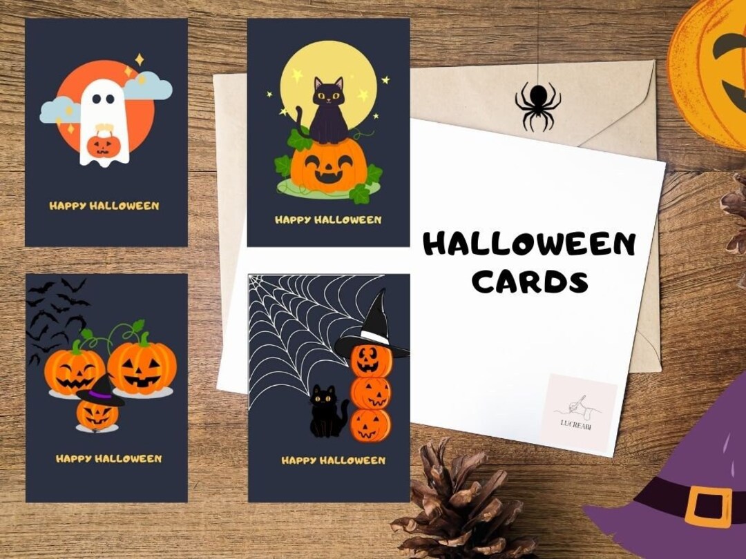 Halloween Cards Printable, Halloween Card to Print, Set of 4 Cards - Etsy
