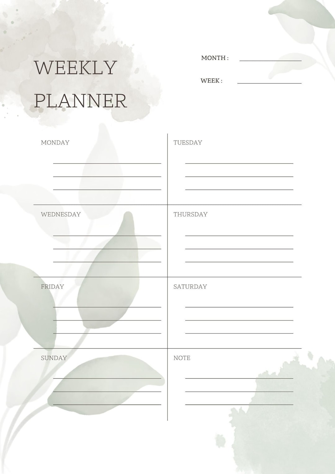 Weekly Planner Printable Watercolor Plants Watercolor Plants - Etsy