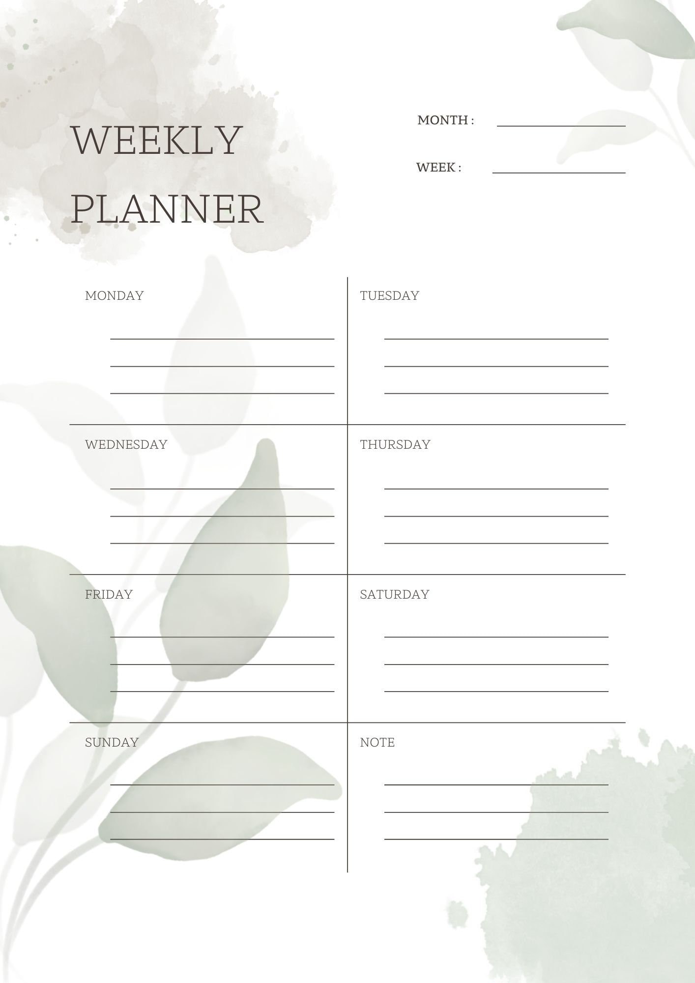 Weekly Planner Printable Watercolor Plants Watercolor Plants - Etsy