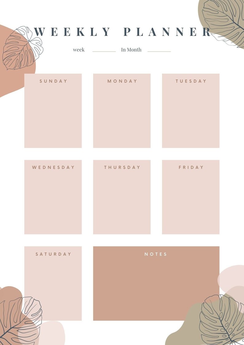 Weekly Planner Printable Pastel Monstera Watercolour - Etsy