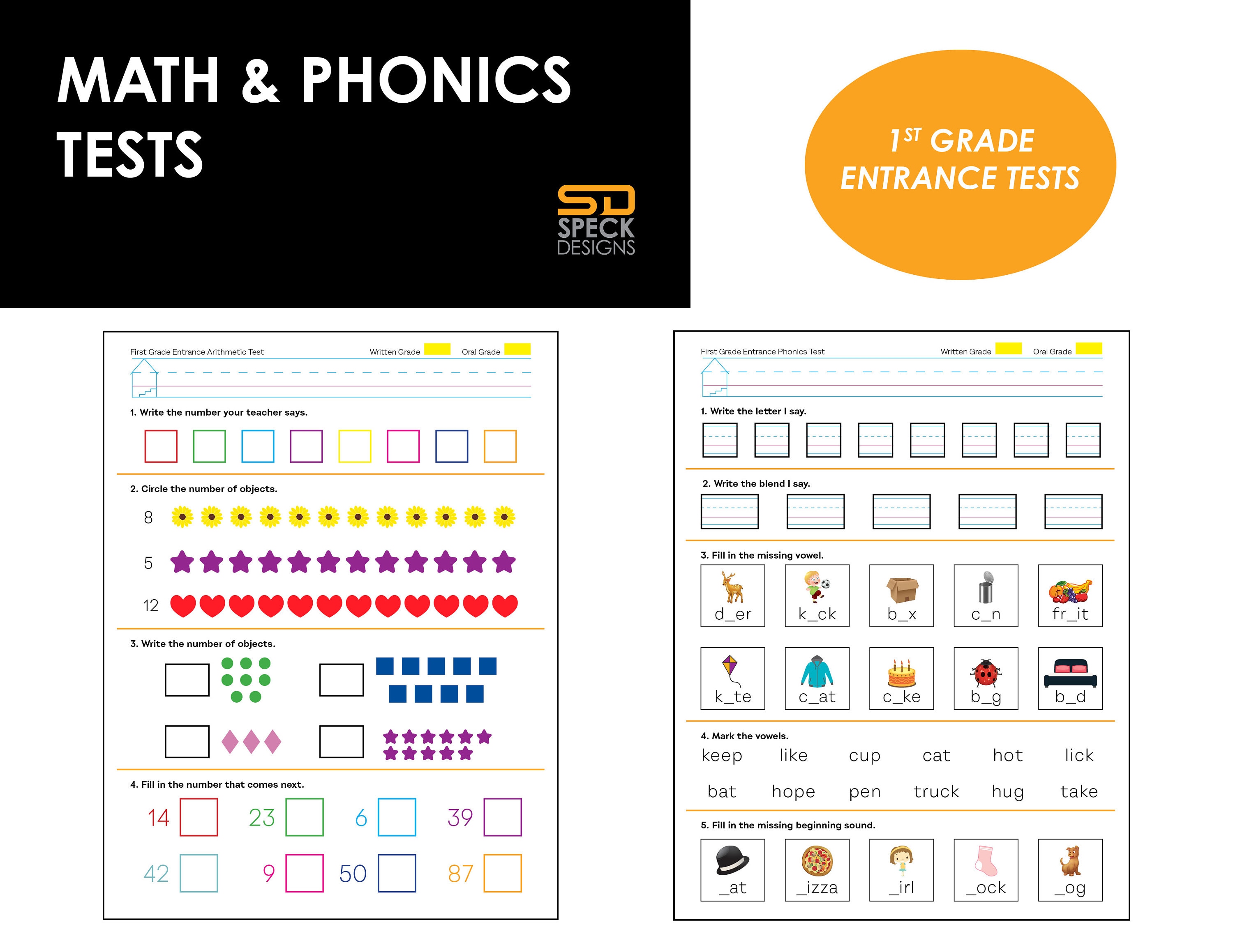 Kindergarten Exit, 1st Grade Entrance Math & Phonics Tests: Follows ...