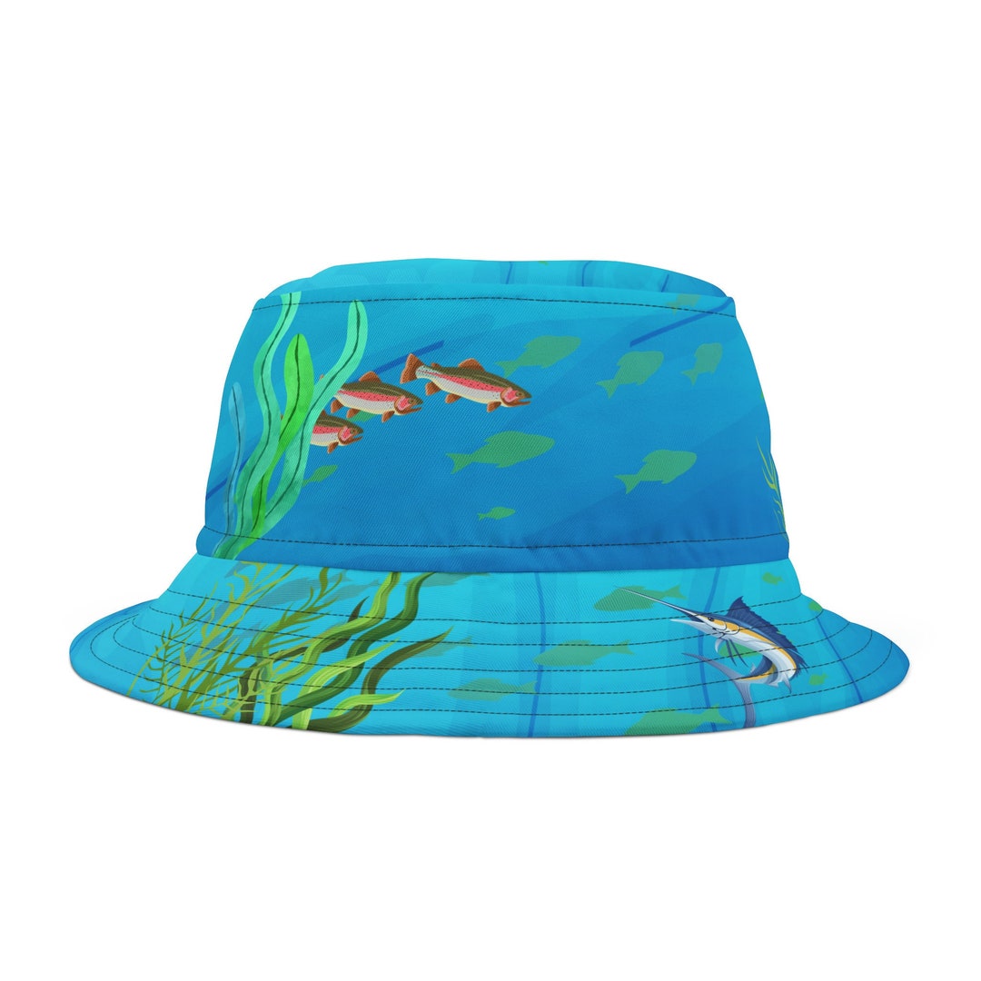 Deep Sea Fish Bucket Hat, Ocean Waters With Fish All Weather Hat, Blue ...