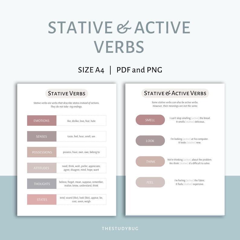 English Grammar // Stative & Active Verbs // A4 Digital Download - Etsy