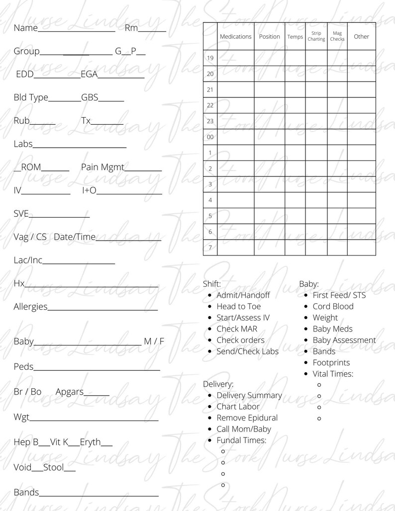 Labor and Delivery 1-patient Report Sheet Hourly Scheduler - Etsy