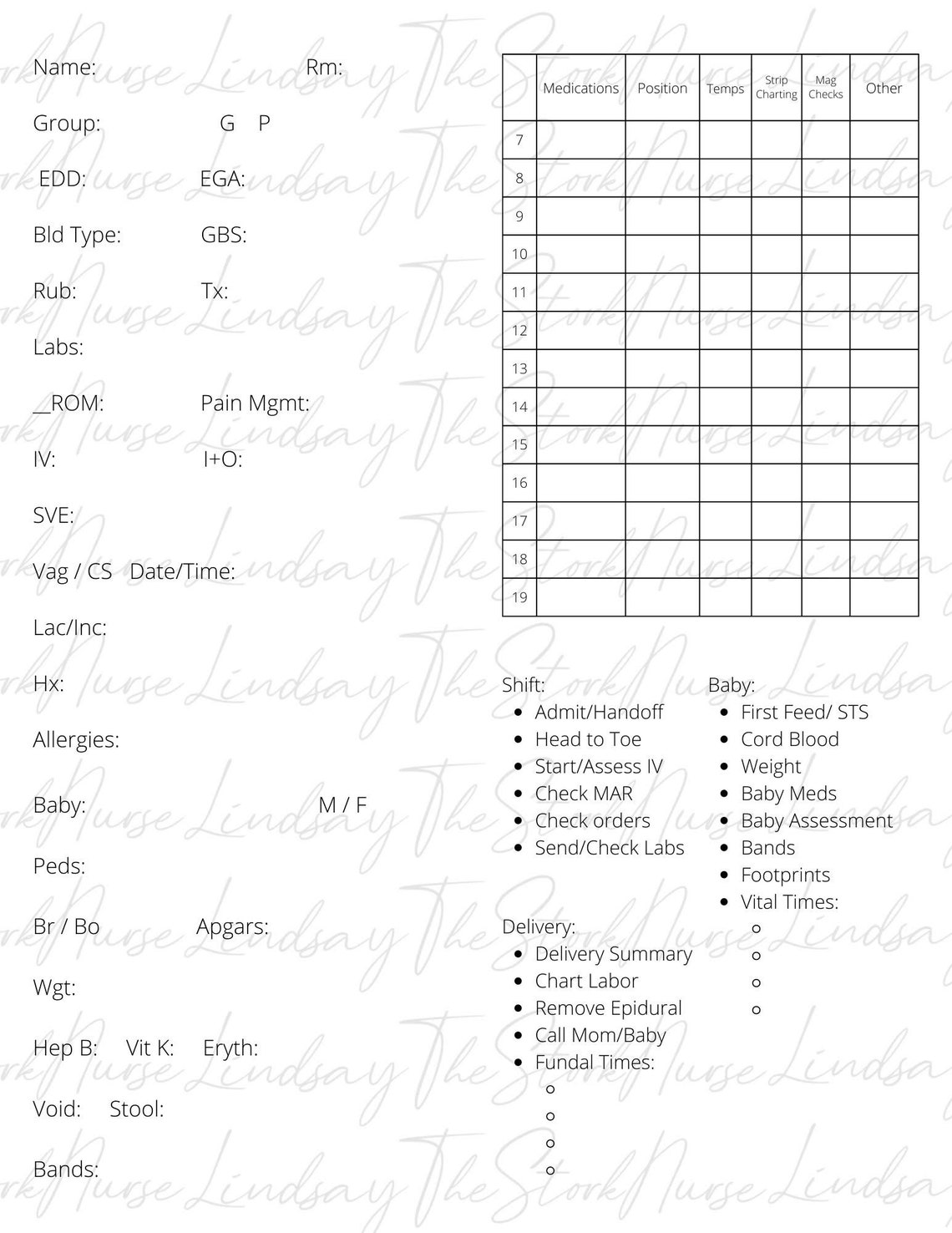 Labor and Delivery 1-patient Report Sheet Hourly Scheduler - Etsy