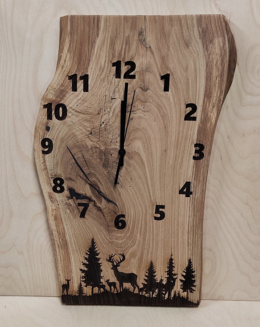 Handmade Oak Wall Clock: Rustic Deer Scene, Unique Wood Decor - Etsy