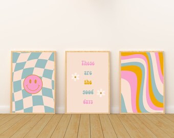 Funky Retro Wall Art Set of 4 Prints, Groovy Preppy Room Decor Digital ...