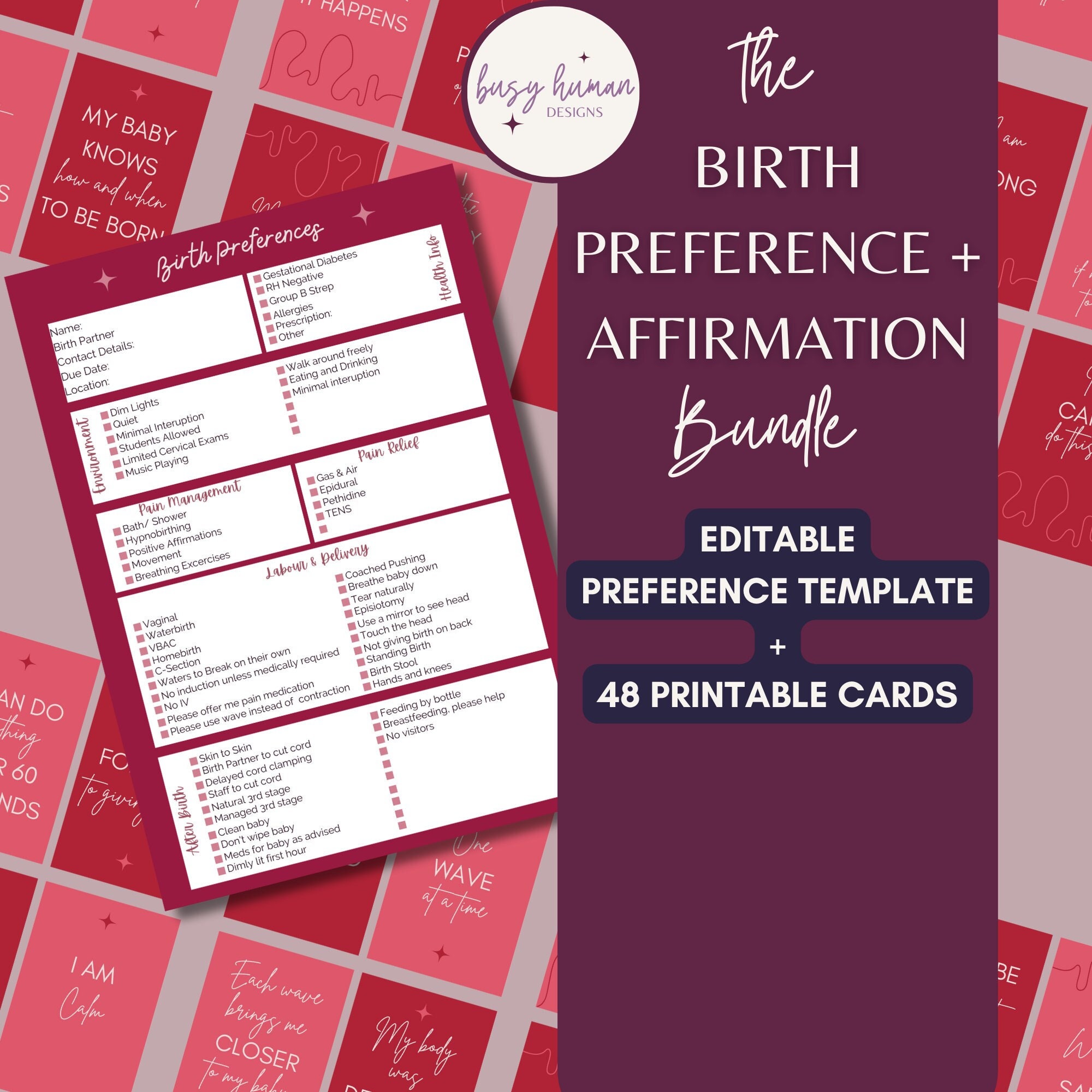 Birth Preference and Birth Affirmation Cards Bundle Editable ...