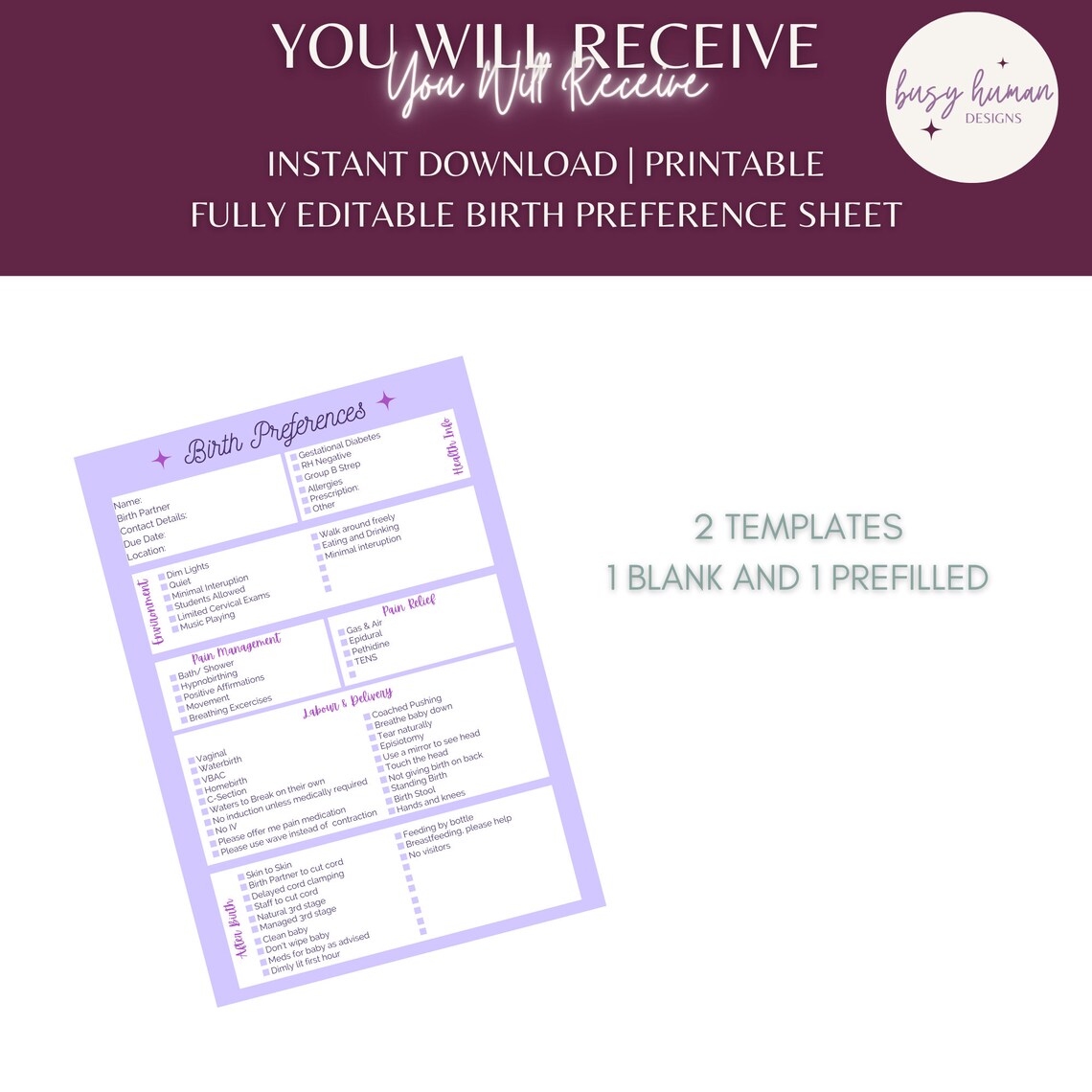 Editable Birth Preferences Printable Template Pregnancy Birth Plan ...