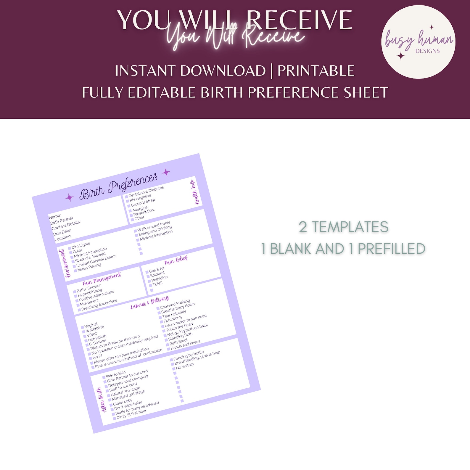 Editable Birth Preferences Printable Template Pregnancy Birth Plan ...