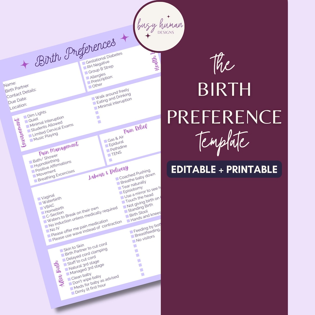 Editable Birth Preferences Printable Template Pregnancy Birth Plan ...