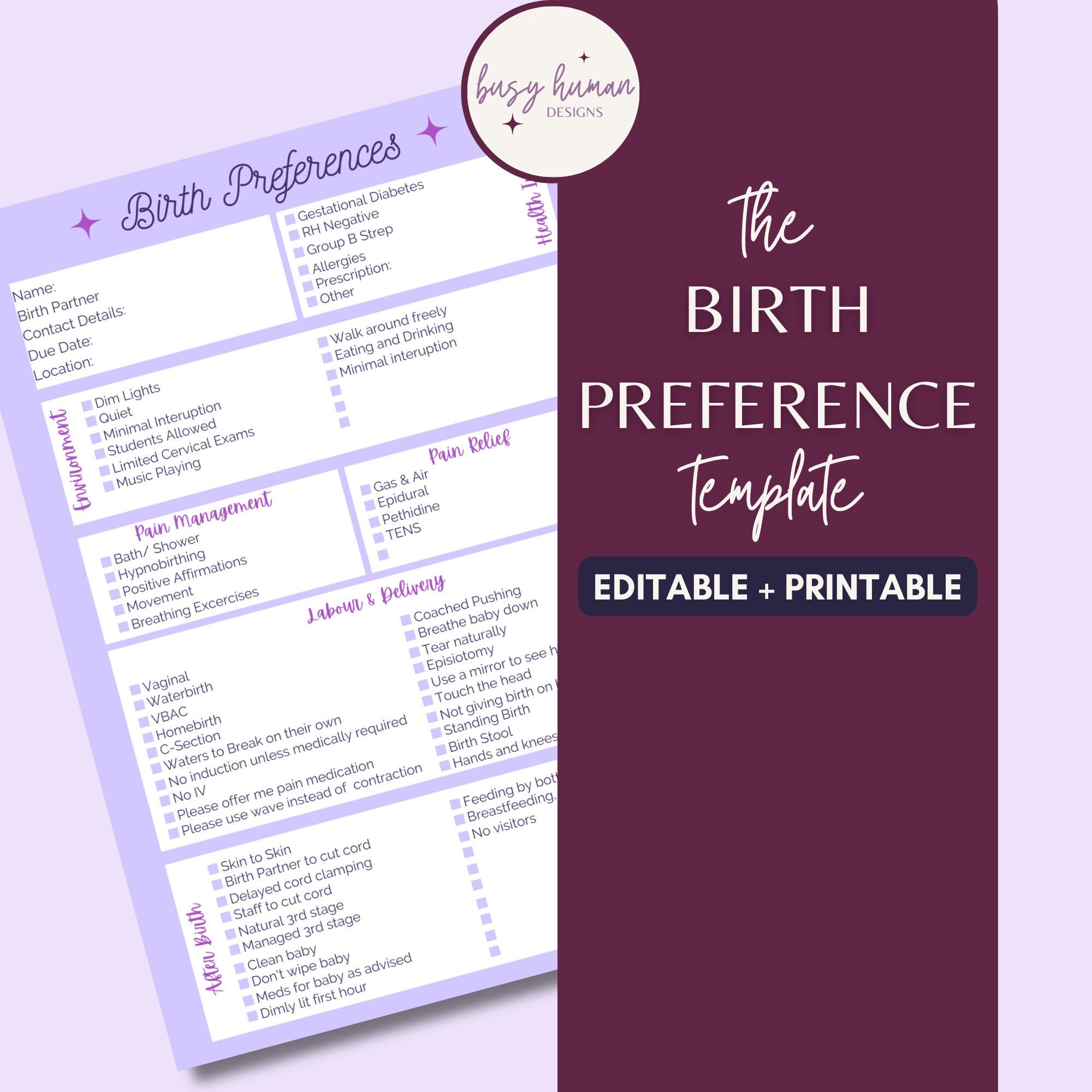 Editable Birth Preferences Printable Template Pregnancy Birth Plan ...