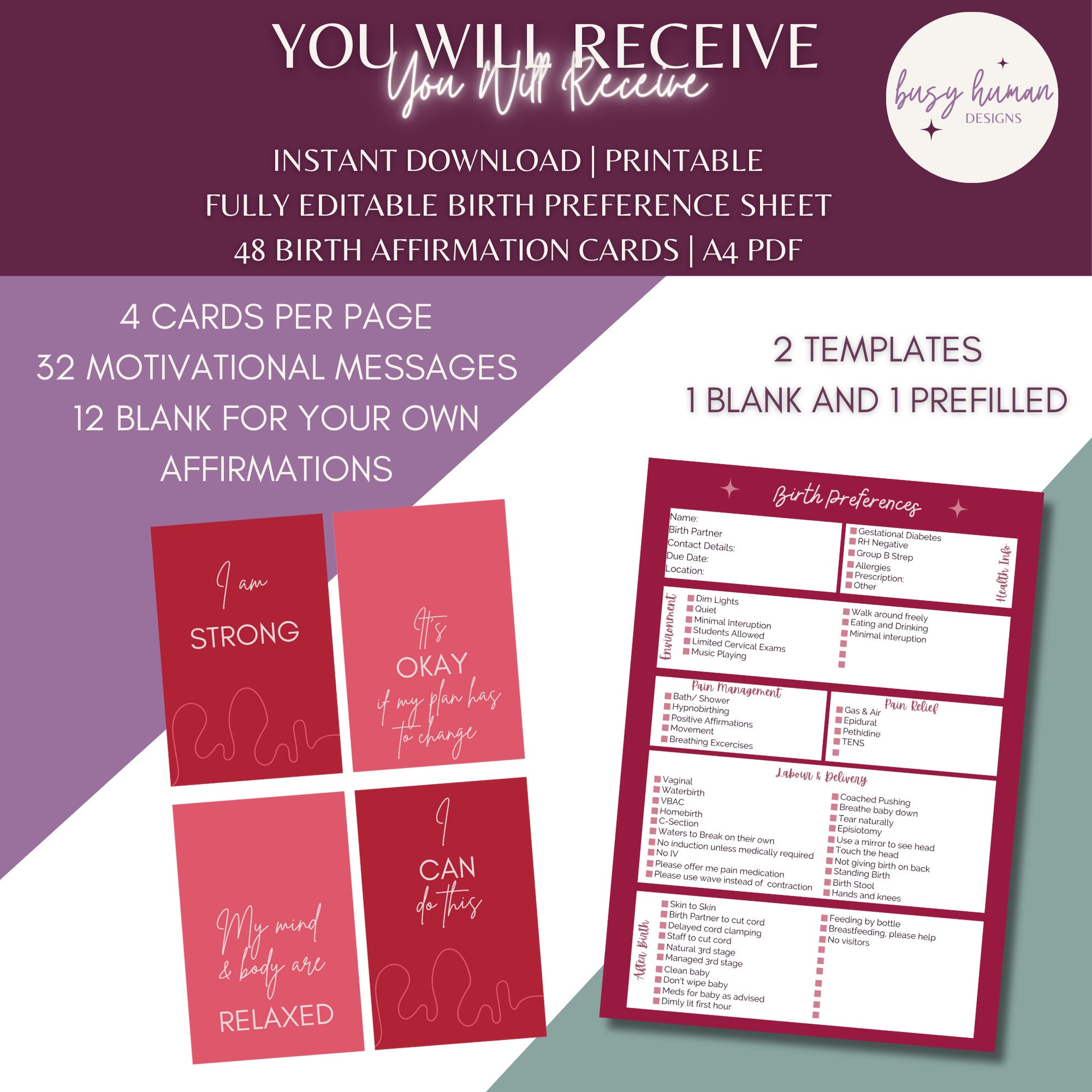 Birth Preference and Birth Affirmation Cards Bundle Editable ...