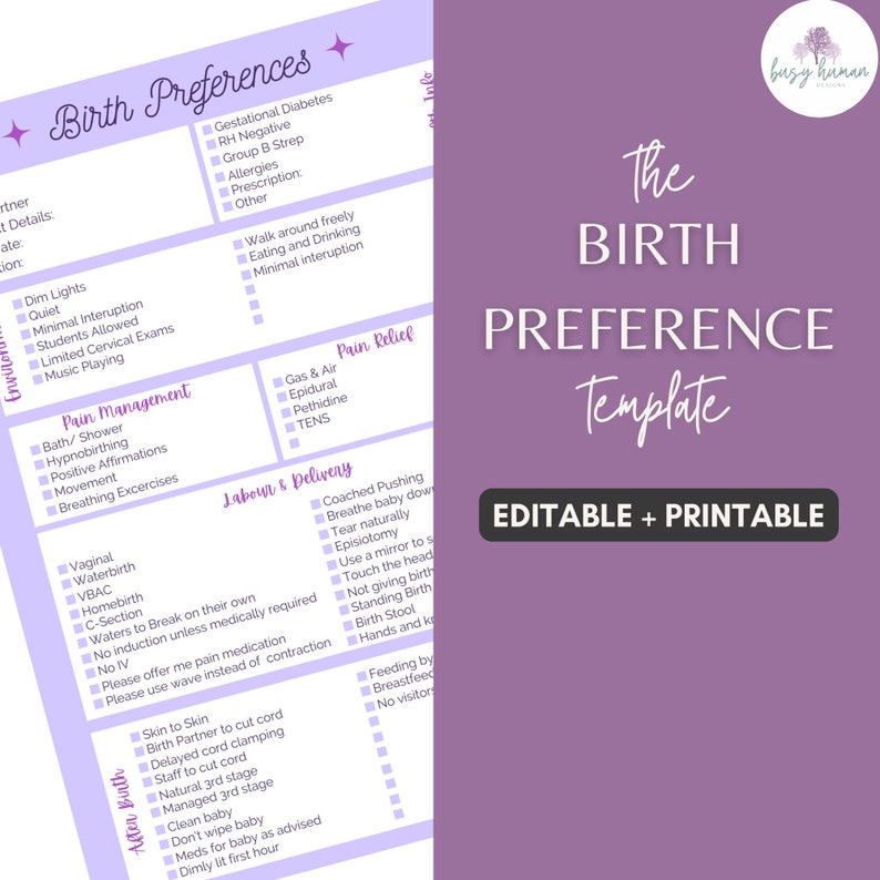 Editable Birth Preferences Printable Template Pregnancy Birth Plan ...