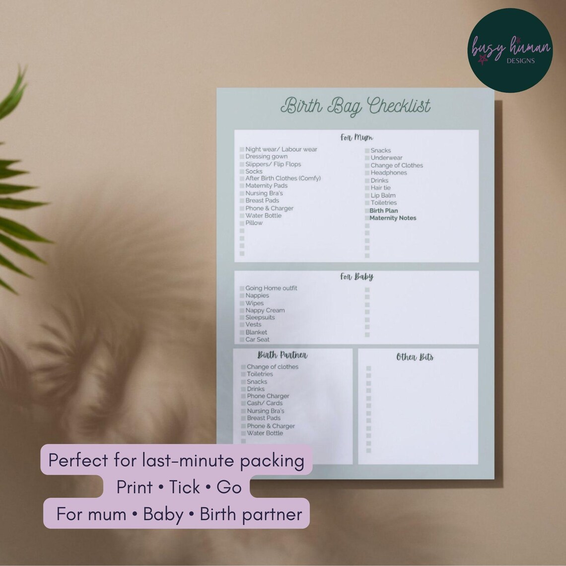 Hospital Bag Checklist Printable | Maternity + Birth Bag Packing List ...