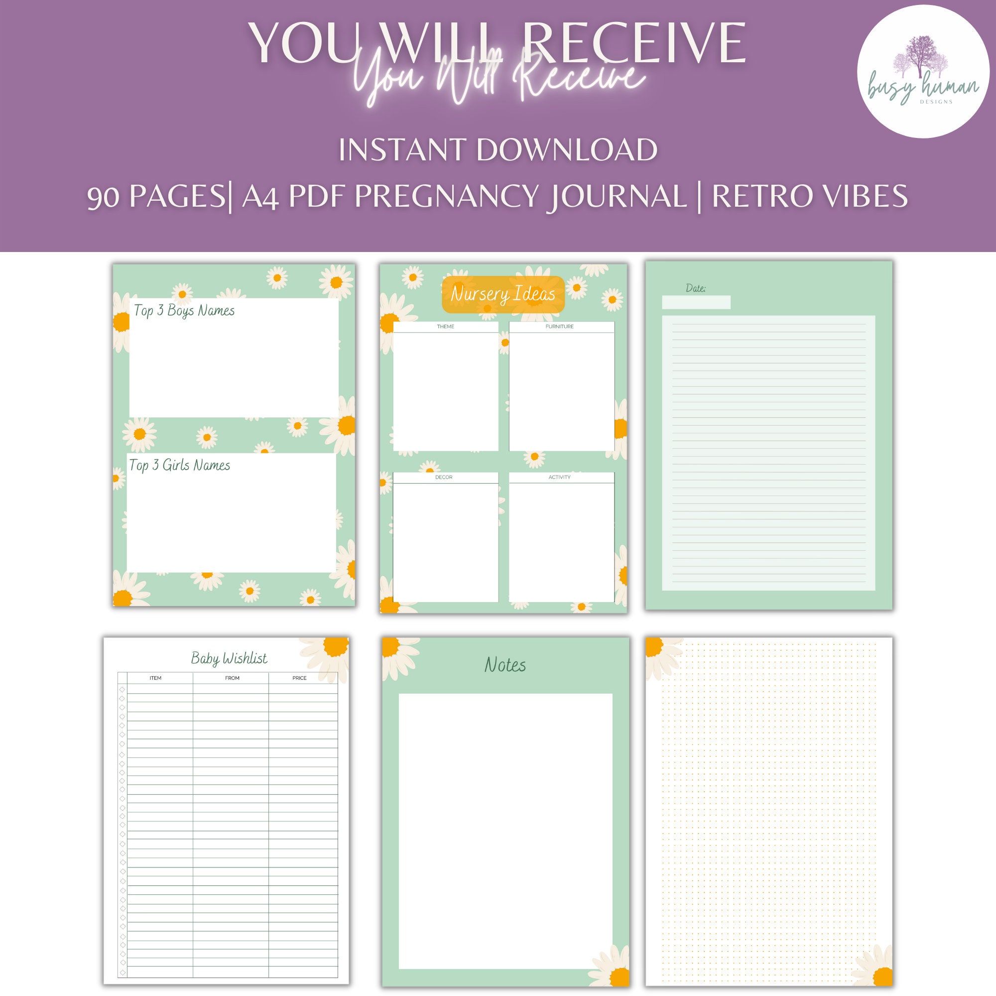 90 Pages | Pregnancy Planner Printable | Bump Journal | Pregnancy Organizer | Green Daisy - Etsy