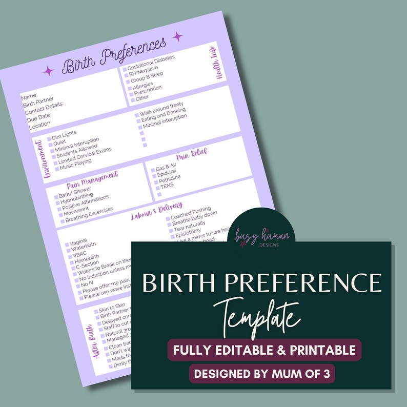Editable Birth Plan Template | Customisable Labour Preferences Sheet ...