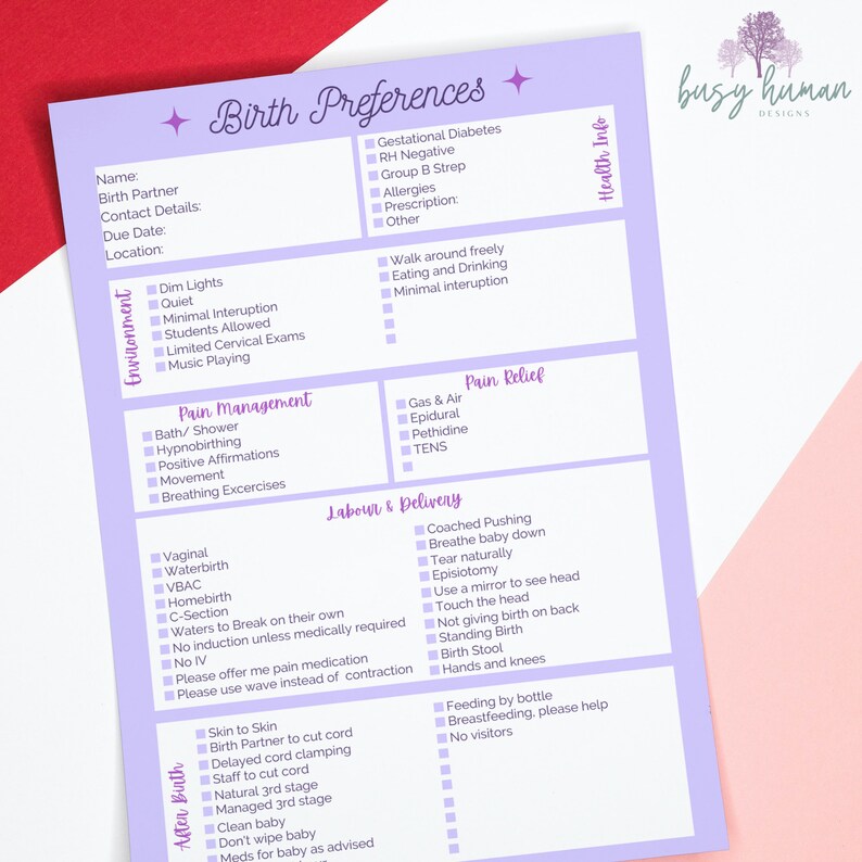 Editable Birth Preferences Printable Template Pregnancy Birth Plan ...