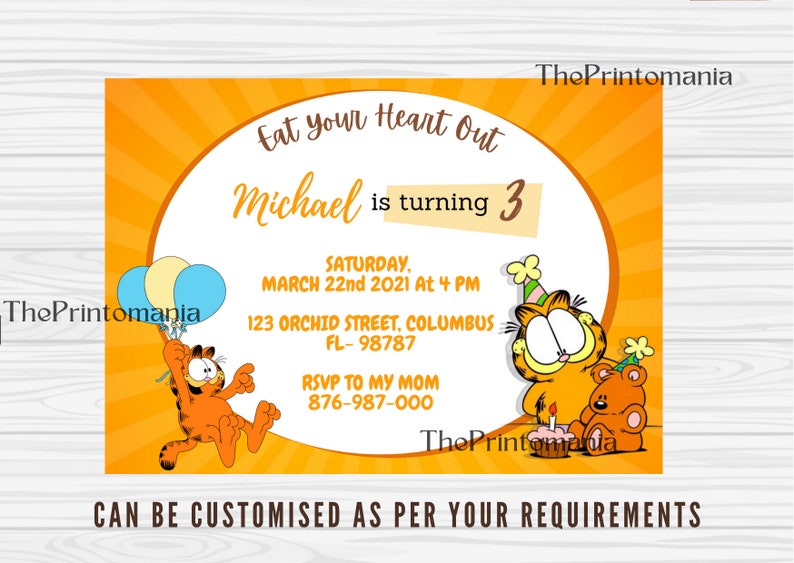 Garfield Invitation Garfield Birthday Invitation Garfield - Etsy