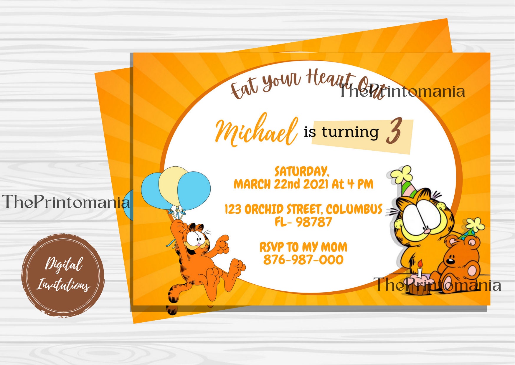 Garfield Invitation Garfield Birthday Invitation Garfield - Etsy