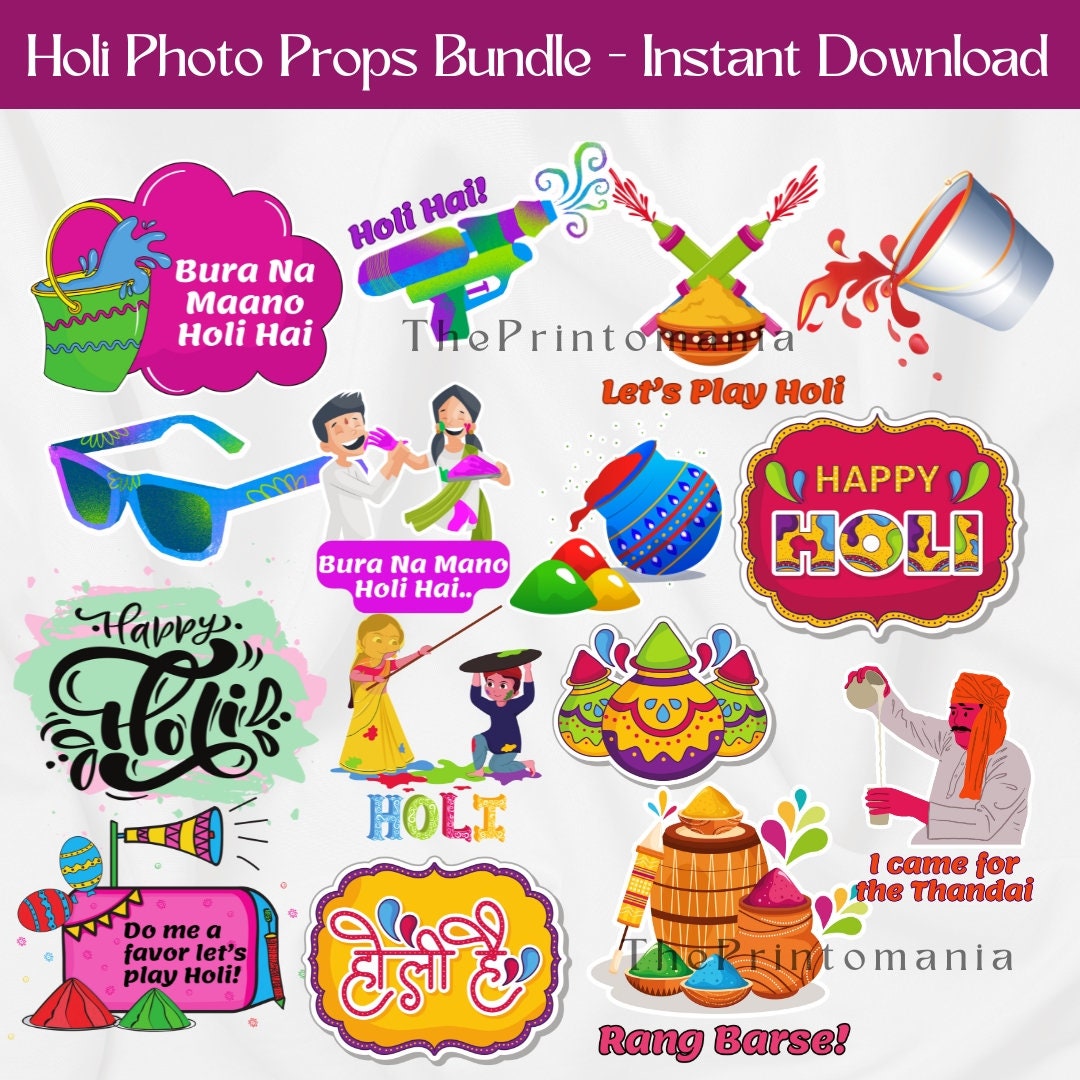 Holi Celebration Photo Booth Props Set of 15 Rang Barse, Holi Hai ...