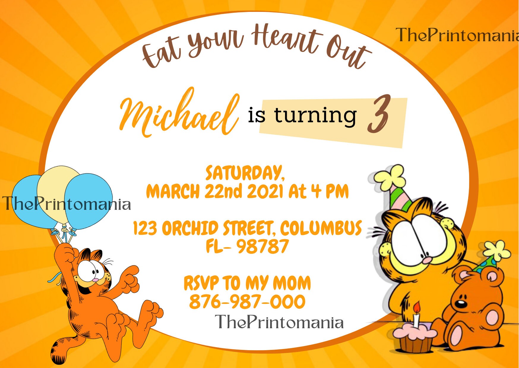 Garfield Invitation Garfield Birthday Invitation Garfield - Etsy