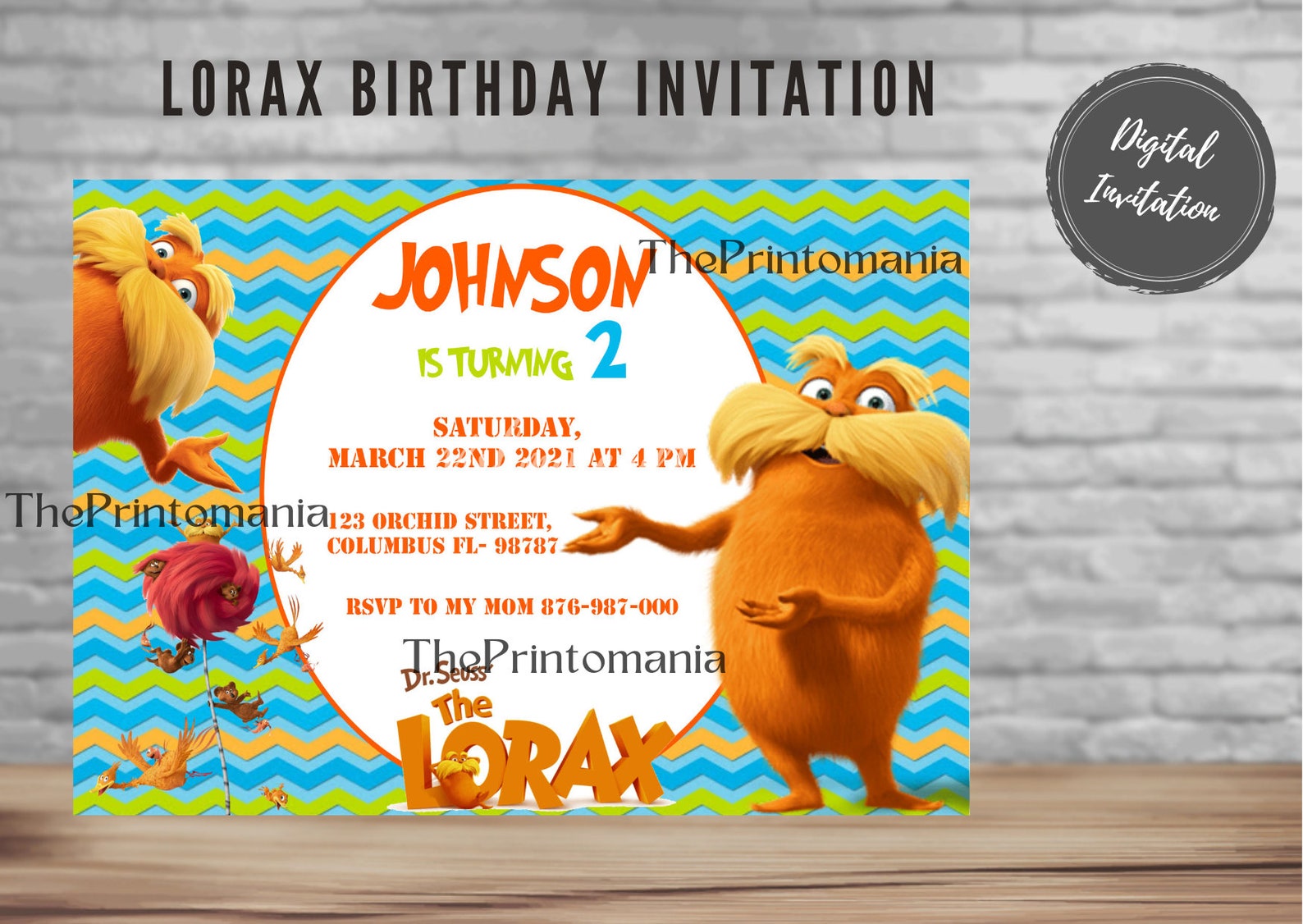 Lorax Invitation, Lorax Birthday Invitation, Lorax Birthday Digital Invitation, Lorax Theme ...