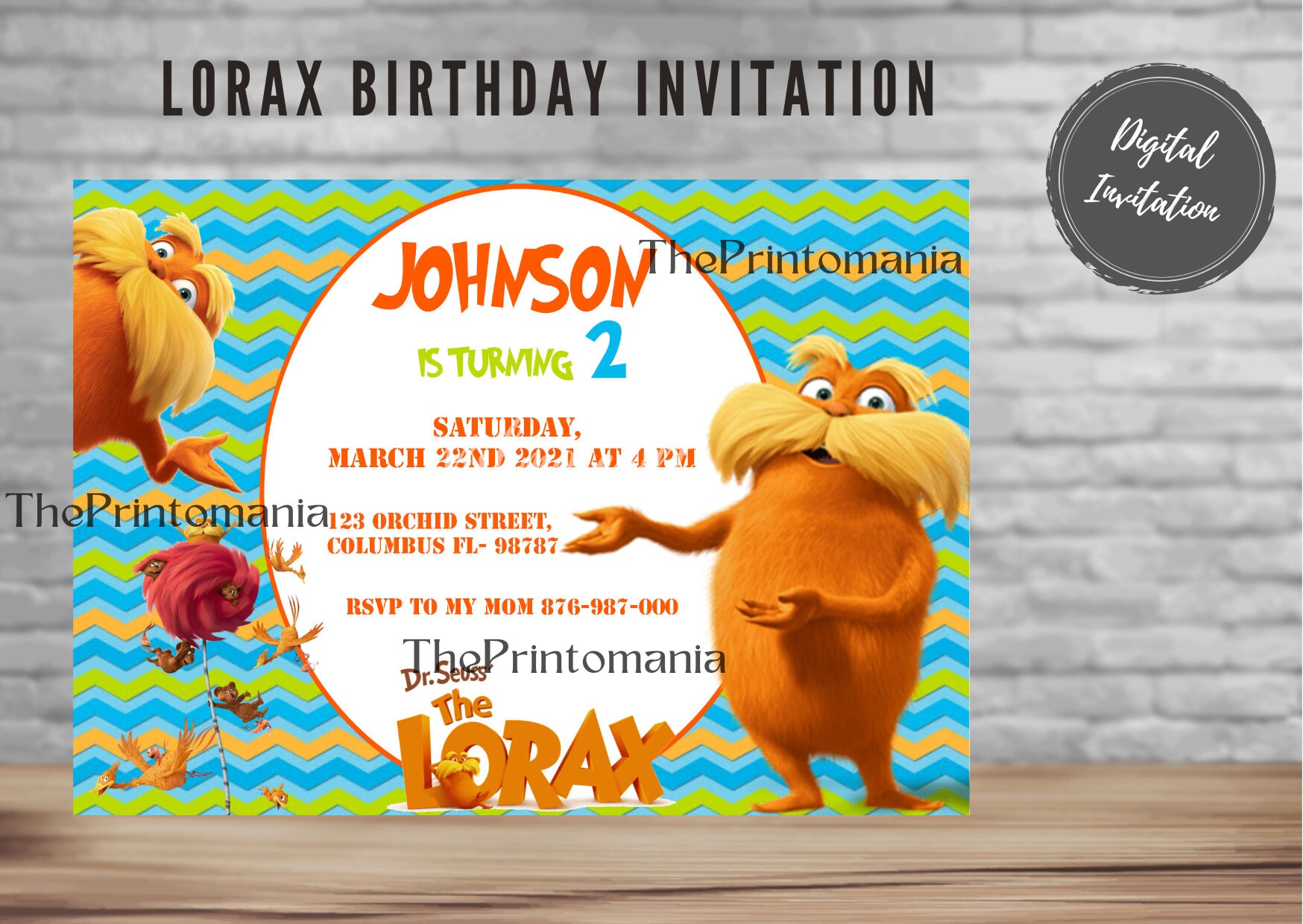 Lorax Invitation, Lorax Birthday Invitation, Lorax Birthday Digital ...
