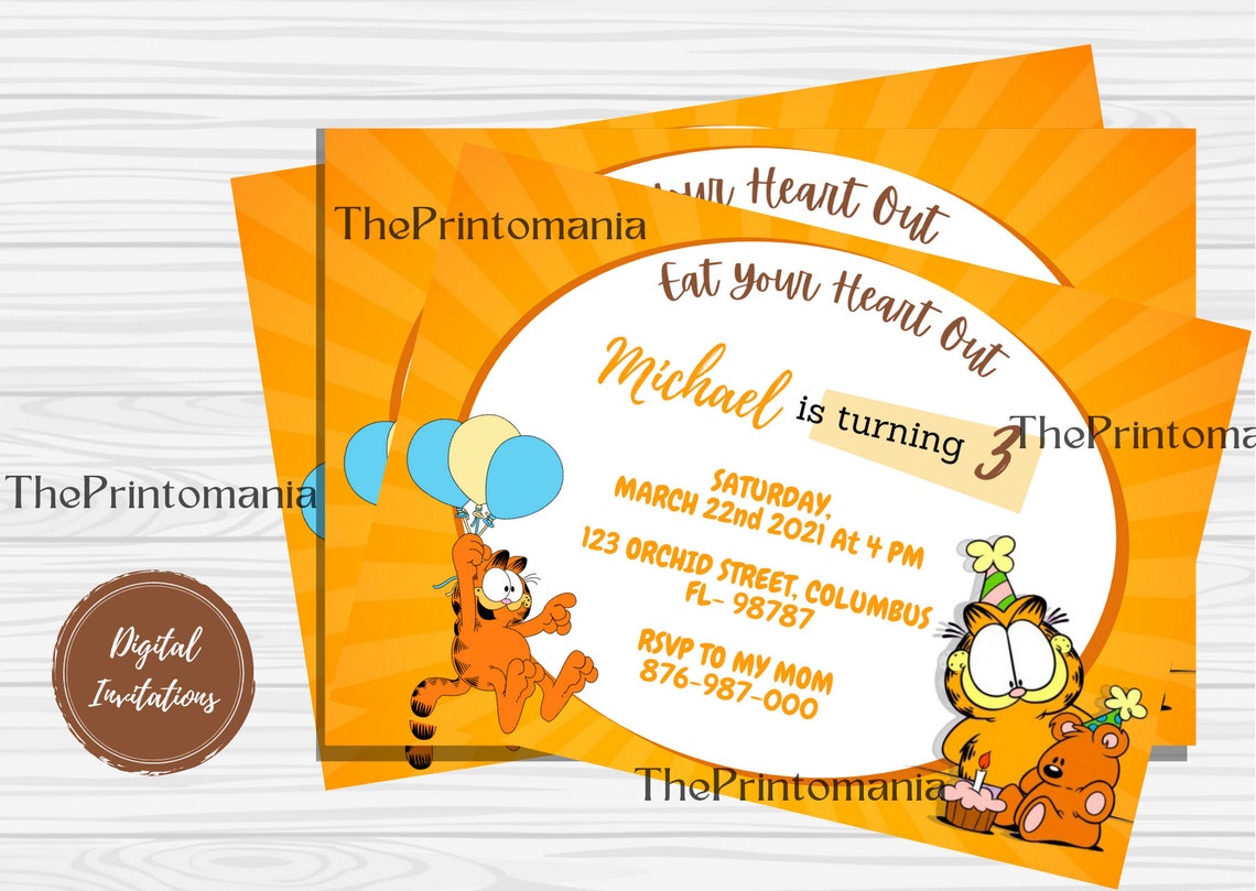 Garfield Invitation Garfield Birthday Invitation Garfield - Etsy