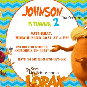 Lorax Invitation, Lorax Birthday Invitation, Lorax Birthday Digital ...