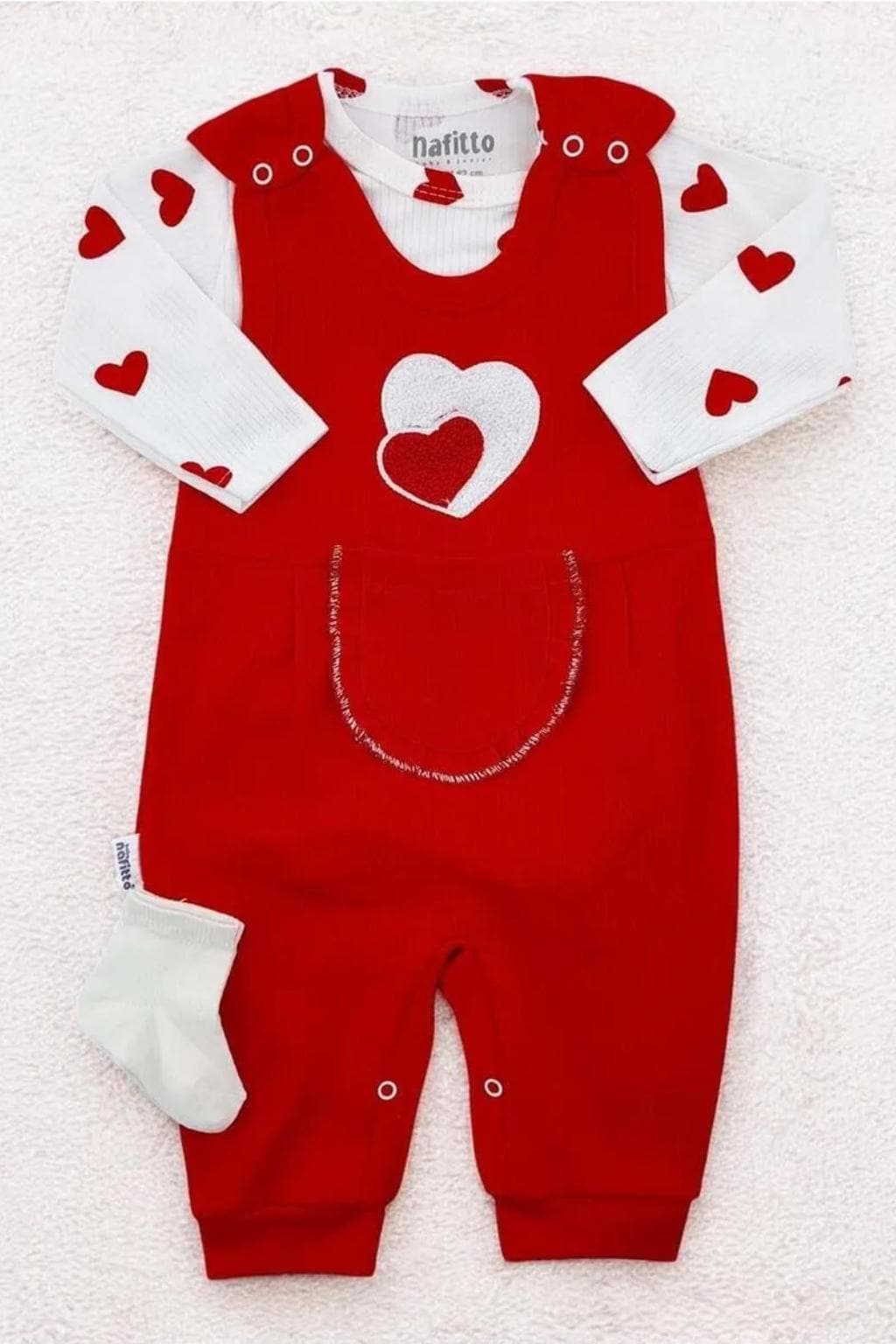 Baby Girl Valentine Outfit – Red Heart Overalls, Bodysuit & Socks ...