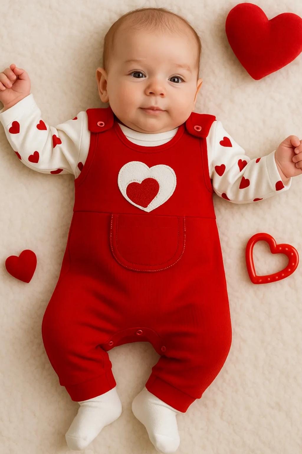Baby Girl Valentine Outfit – Red Heart Overalls, Bodysuit & Socks ...