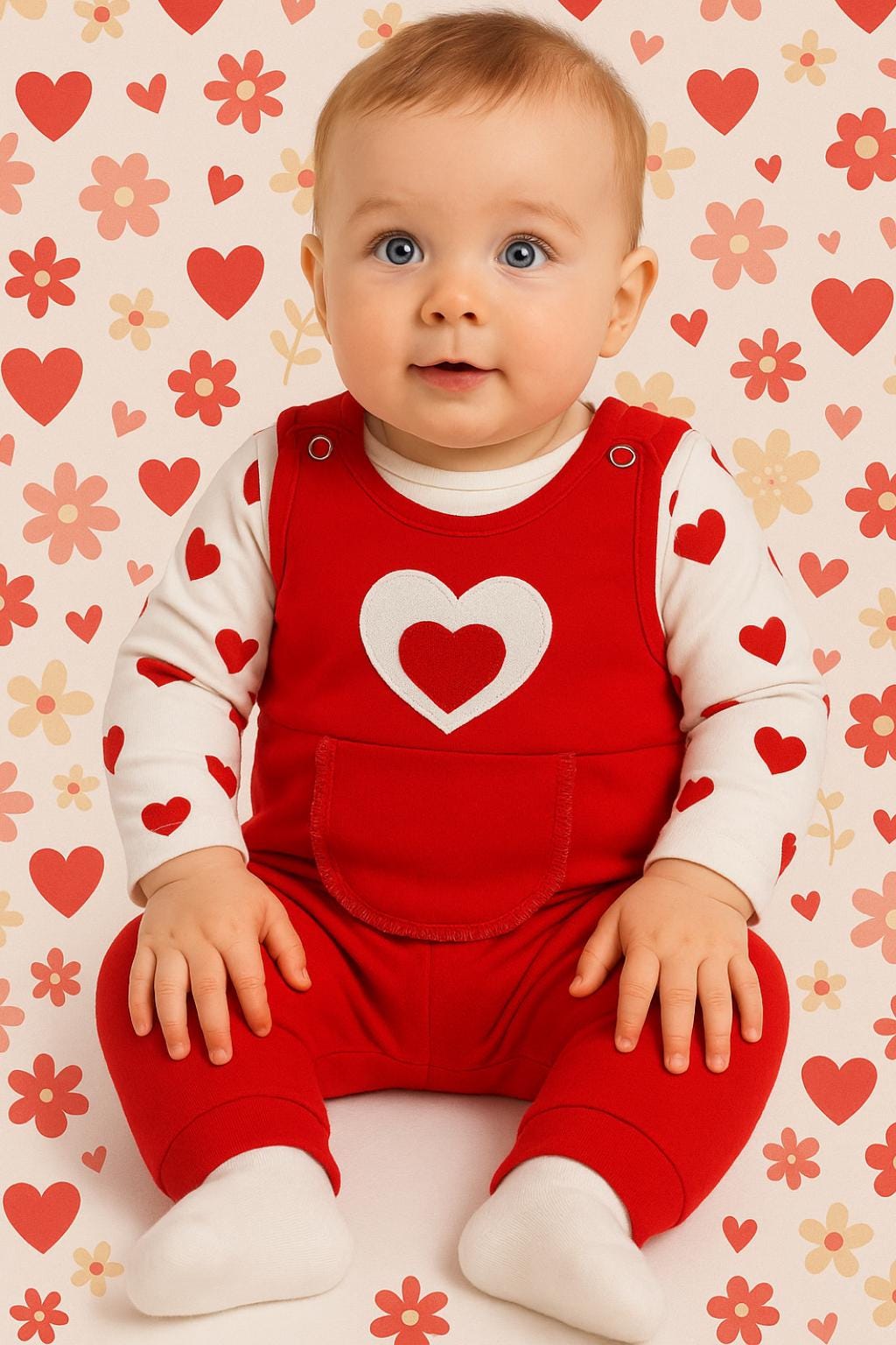 Baby Girl Valentine Outfit – Red Heart Overalls, Bodysuit & Socks ...