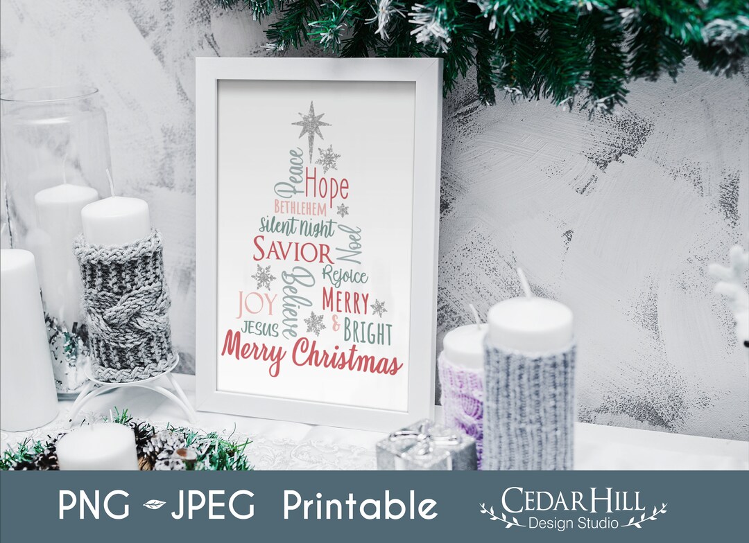 Christmas Tree in Words Printable, Silver Berry, Christian, Peace, Noel ...
