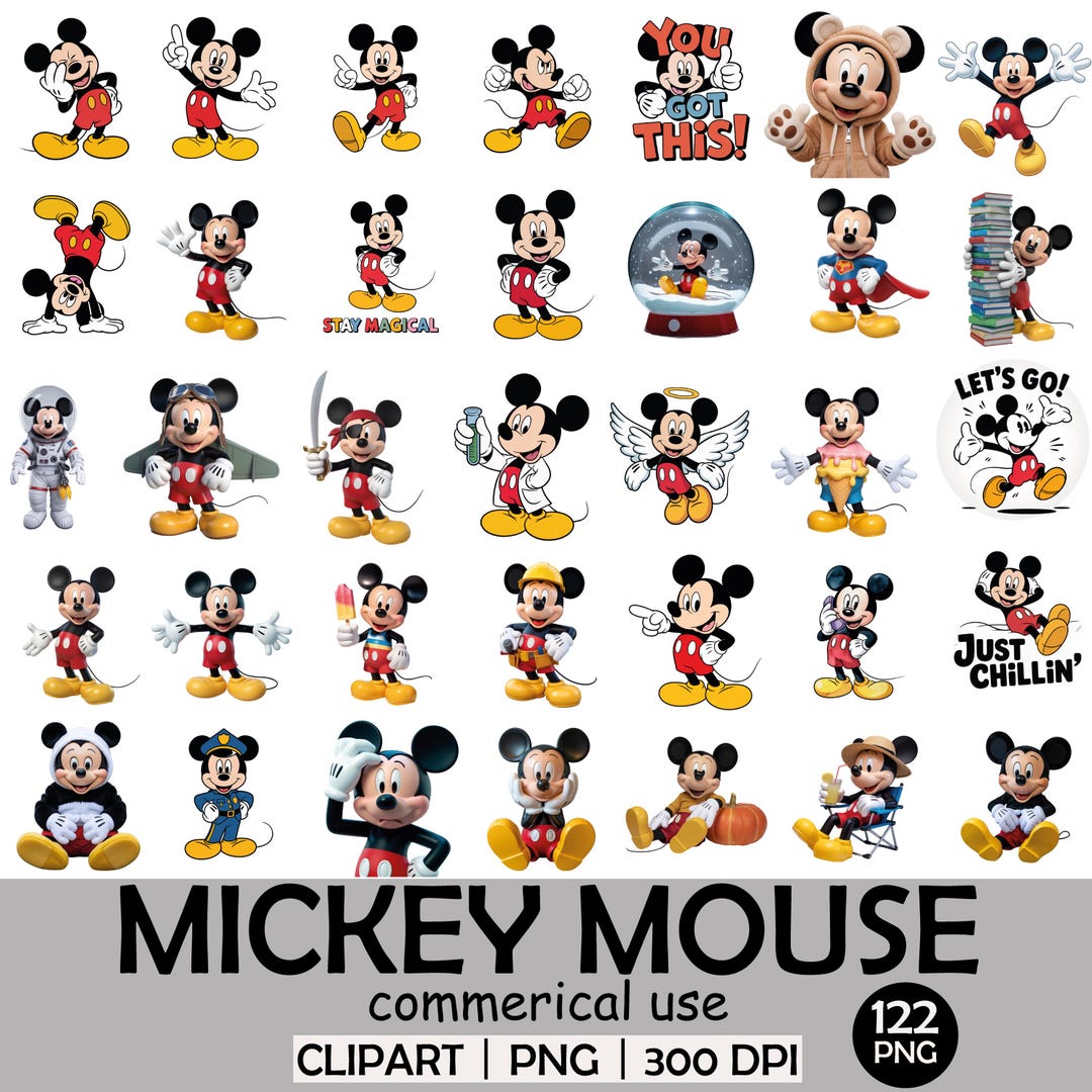 Mickey Mouse Clipart Bundle | 122 PNG Cartoon Illustrations (300 DPI ...