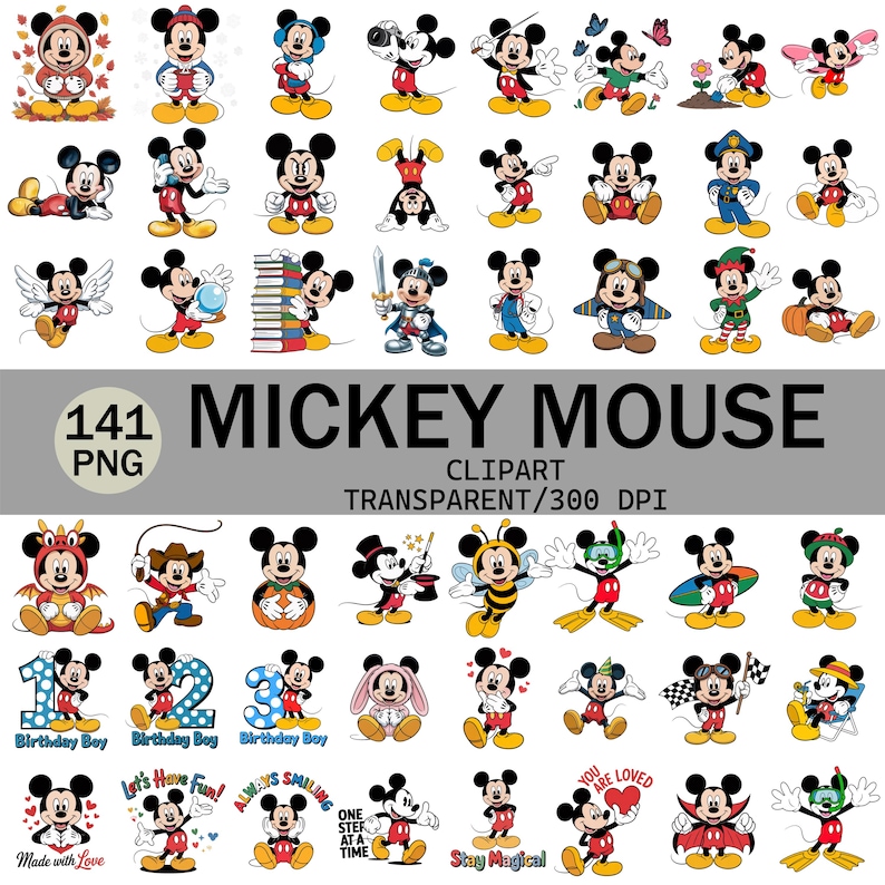 Mickey Mouse Clipart Bundle: Cartoon PNG Images (digital Download) - Etsy
