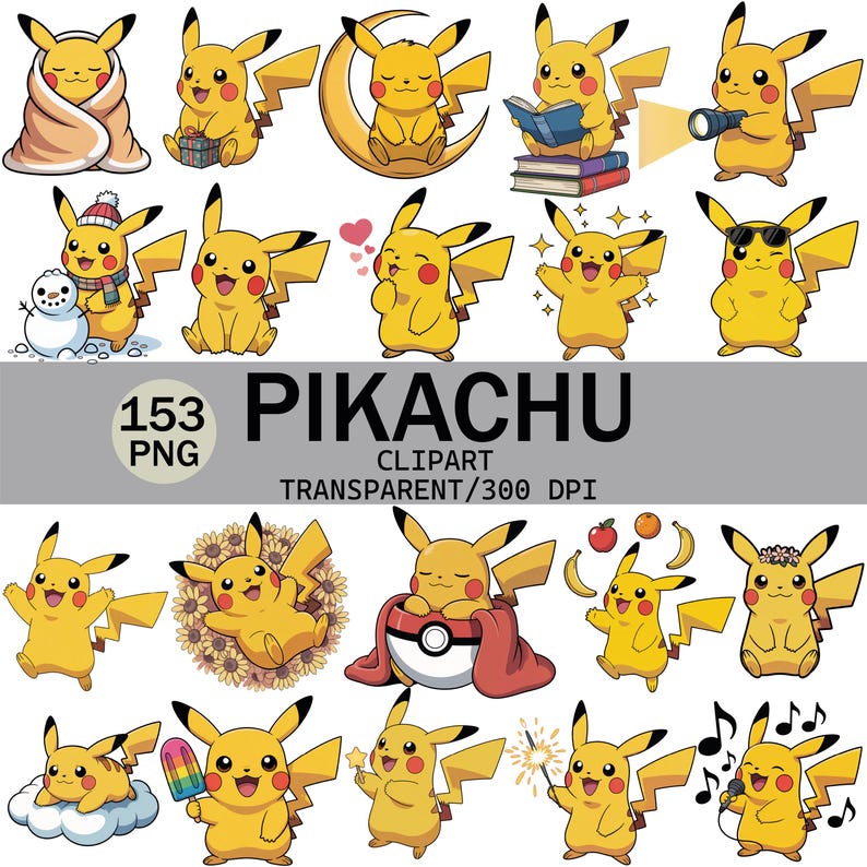 Pikachu Clipart Bundle, Cartoon PNG Graphics (153 Files) (digital ...
