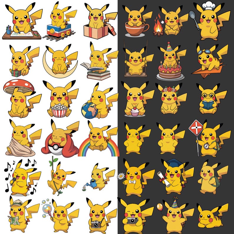 Pikachu Clipart Bundle | 155 Cartoon PNG Illustrations (300 DPI ...