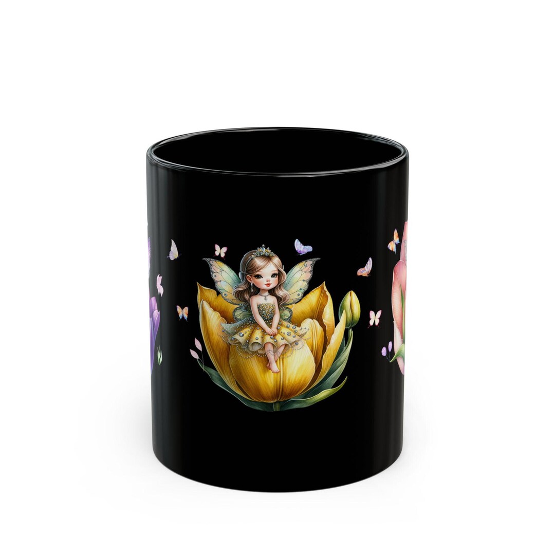 Mug, Floral Fairies Black Coffee Cup - Cute Colorful Design, Gift for ...