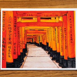 Fushimi Inari Japan Travel Illustration, Ink and Pen Art, Red Tori ...