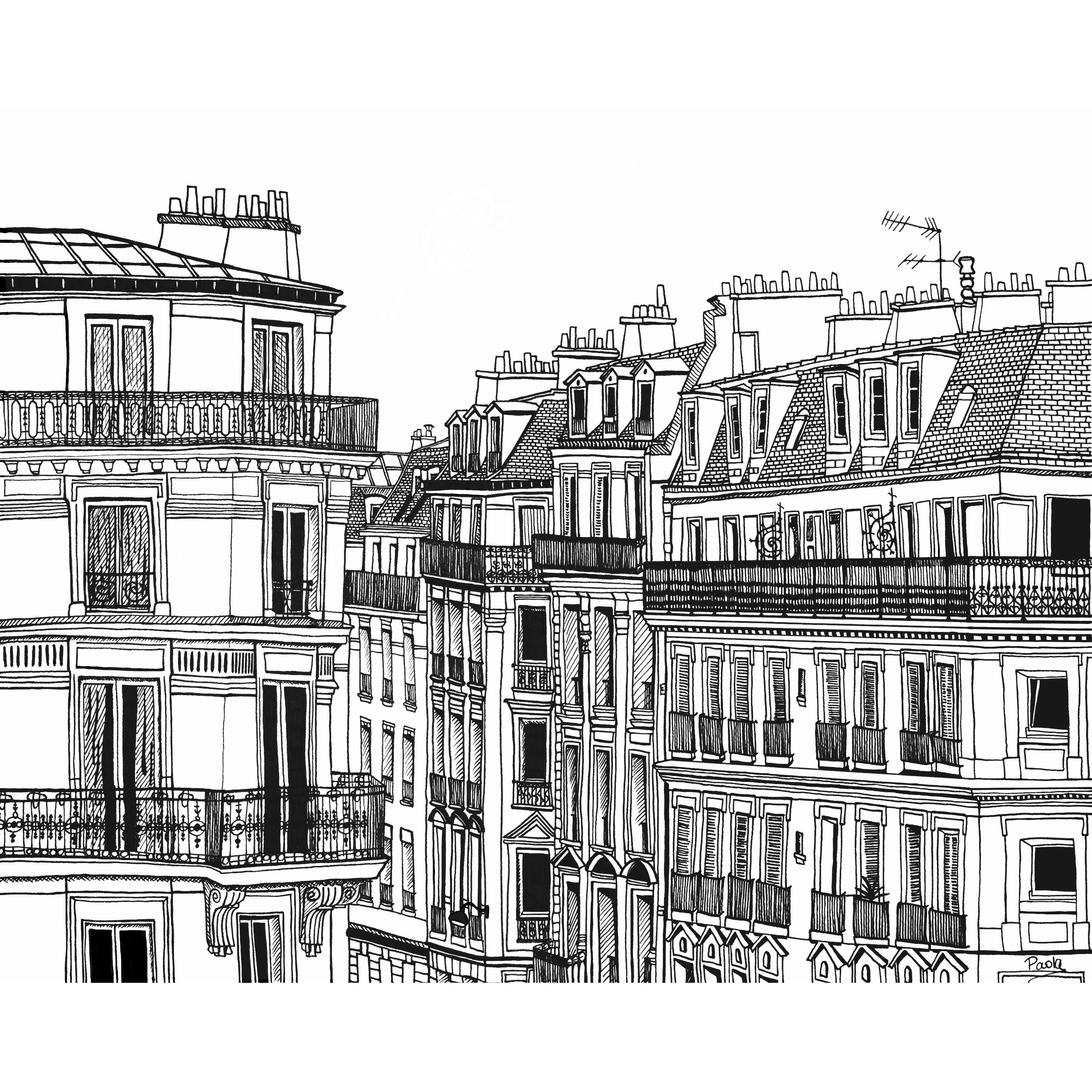 Paris Streets Pen Drawing, Black and White Art, Parisian Buildings ...