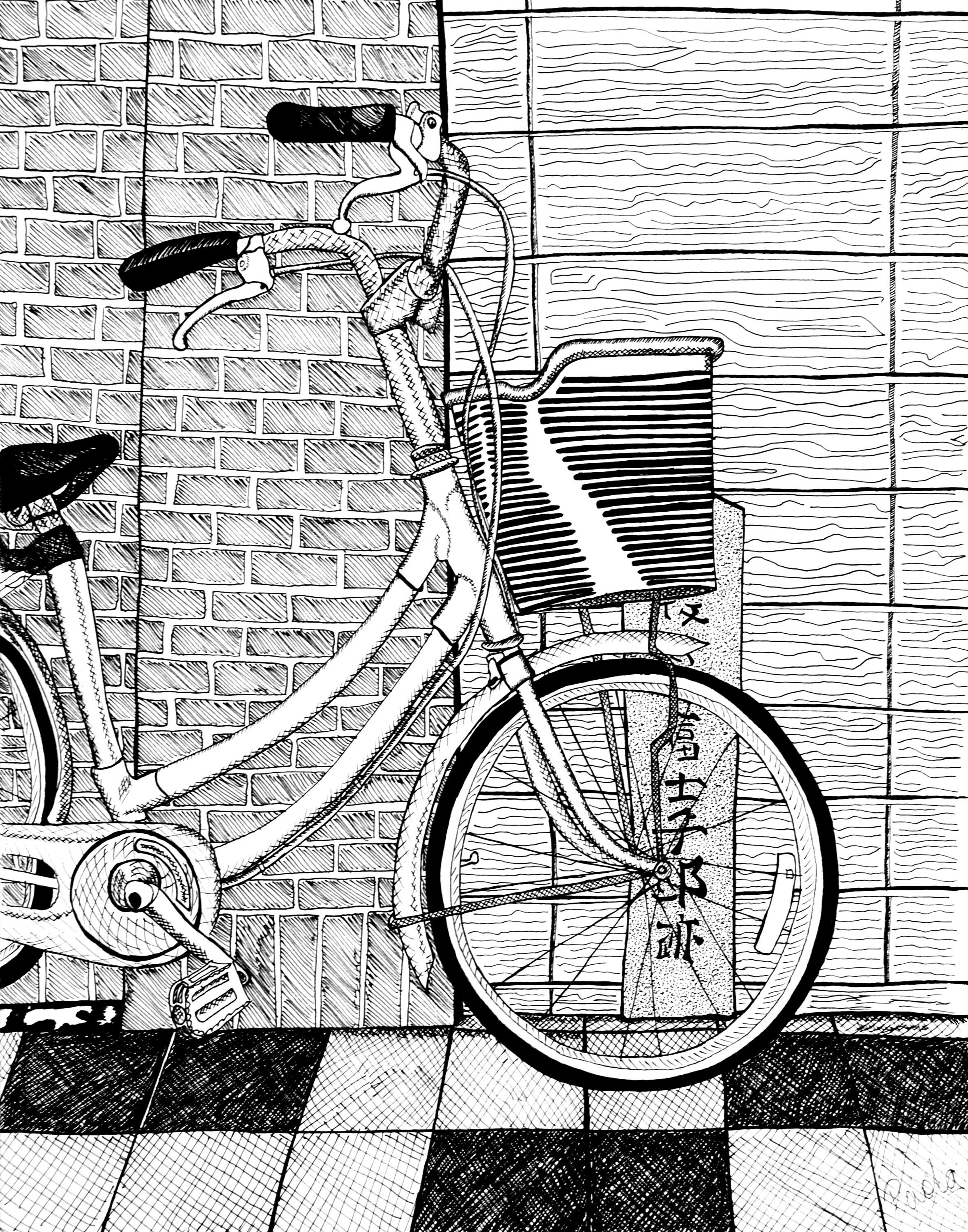Japan Travel Ink Art, Kyoto Bicycle Ink and Pen Print, Black and White ...