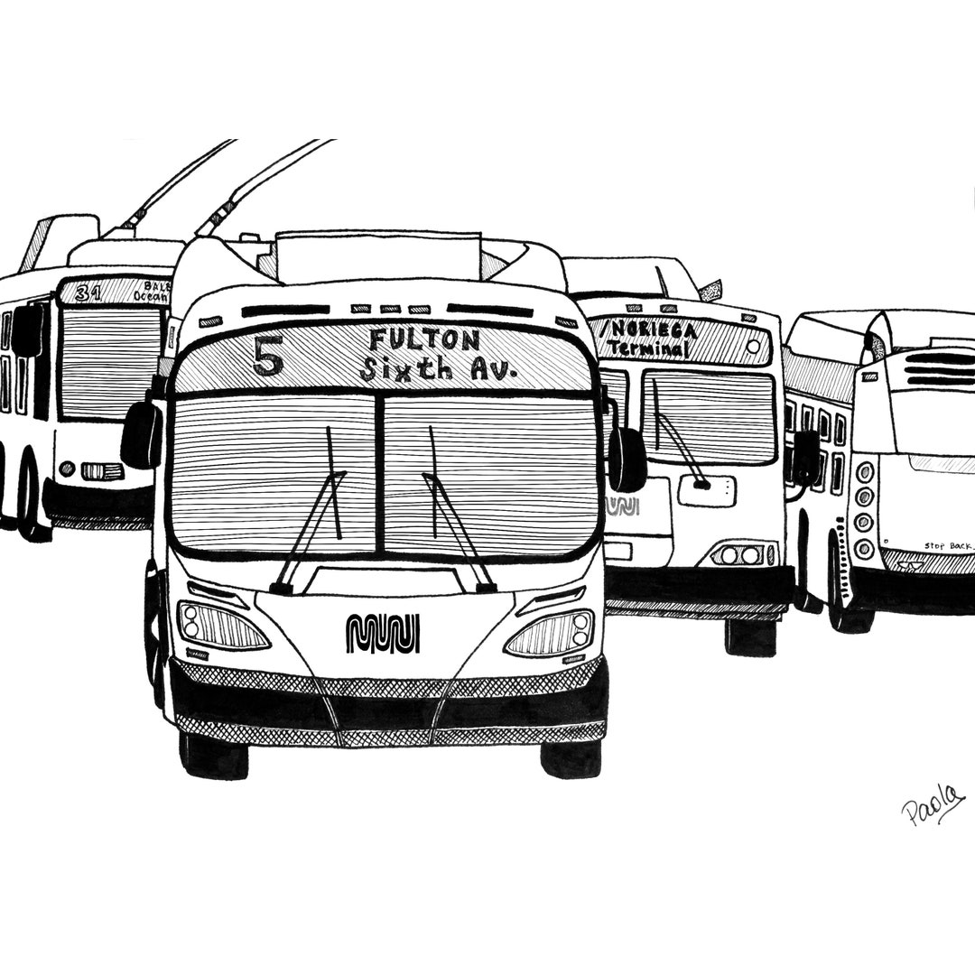 Muni Buses on Market Street Pen Drawing Print, Black and White San ...