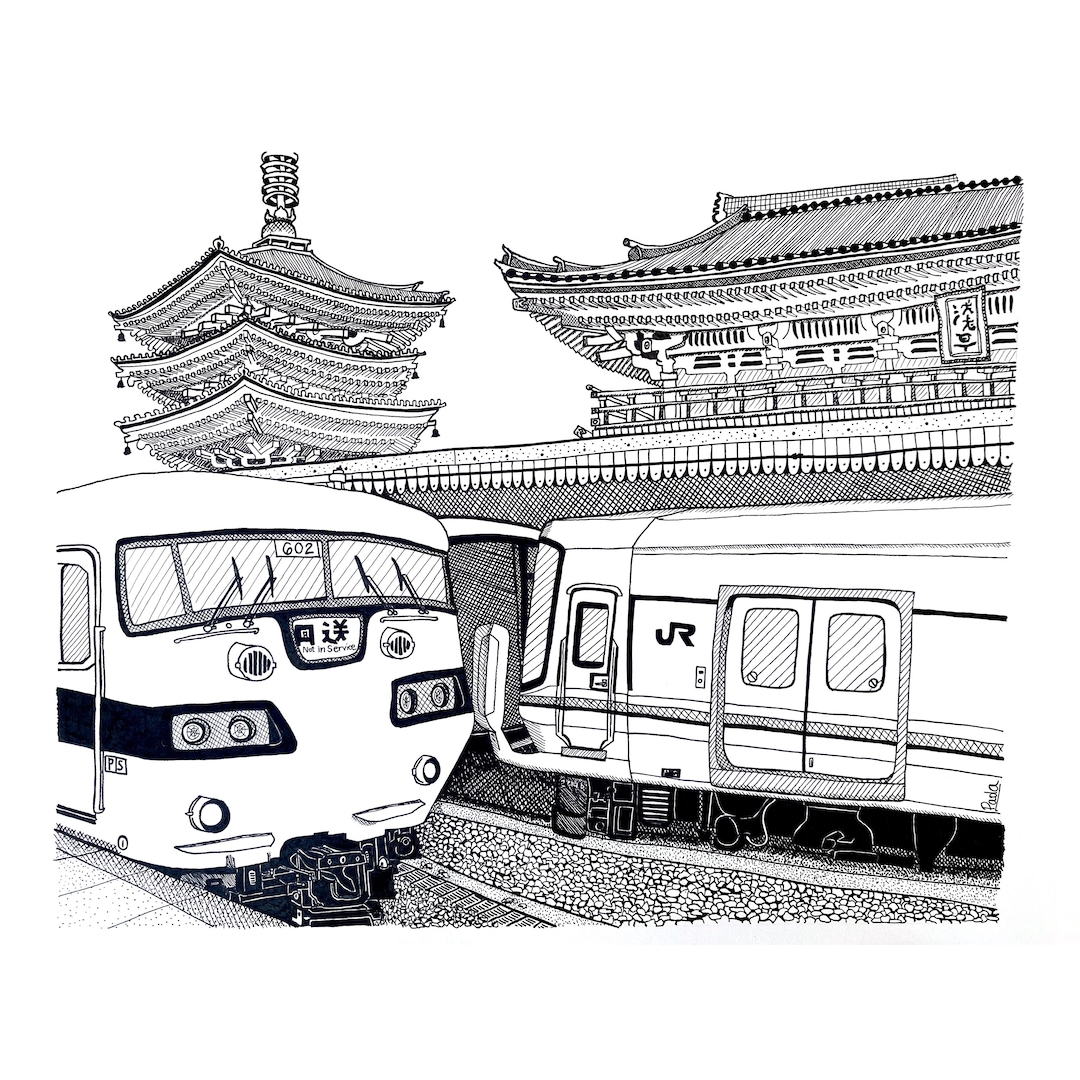 Japan Railways Print: Tokyo Temples and Train, Black and White Pen Art ...