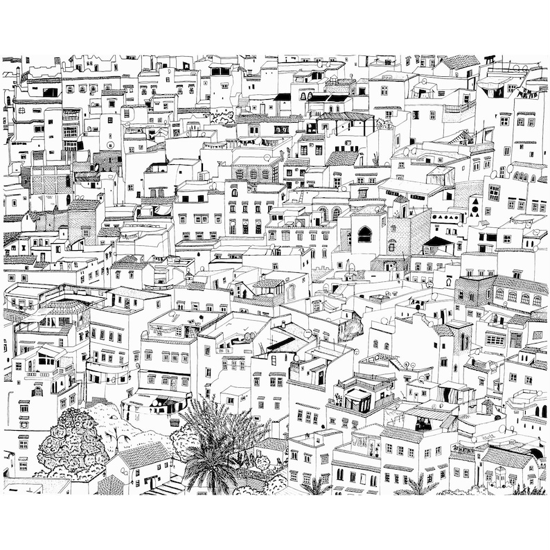Chefchaouen Morocco Pen Drawing: Black and White Travel Art Print - Etsy