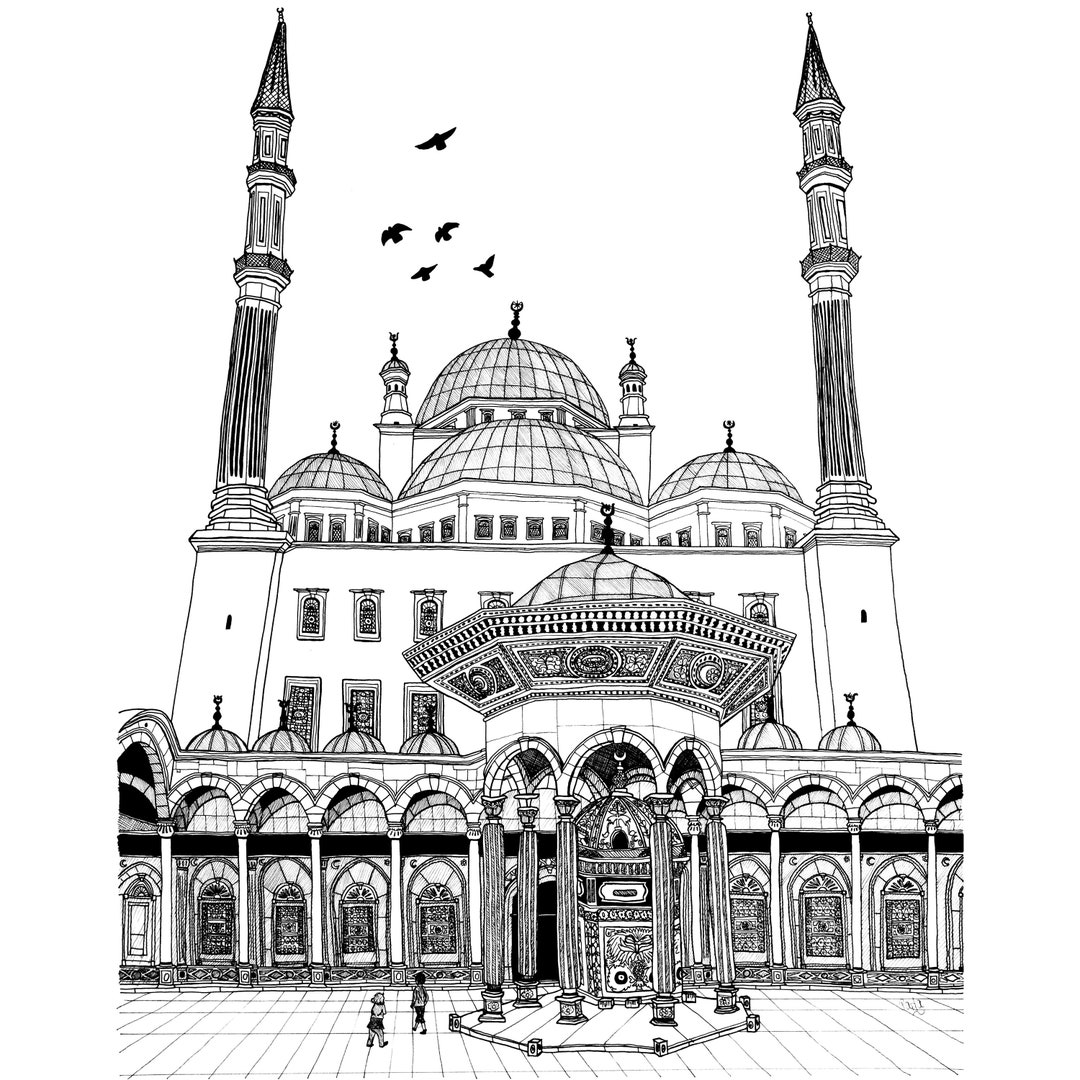 Muhammad Ali Mosque Pen Drawing, Cairo Ink Art, Pen Drawing Egypt ...