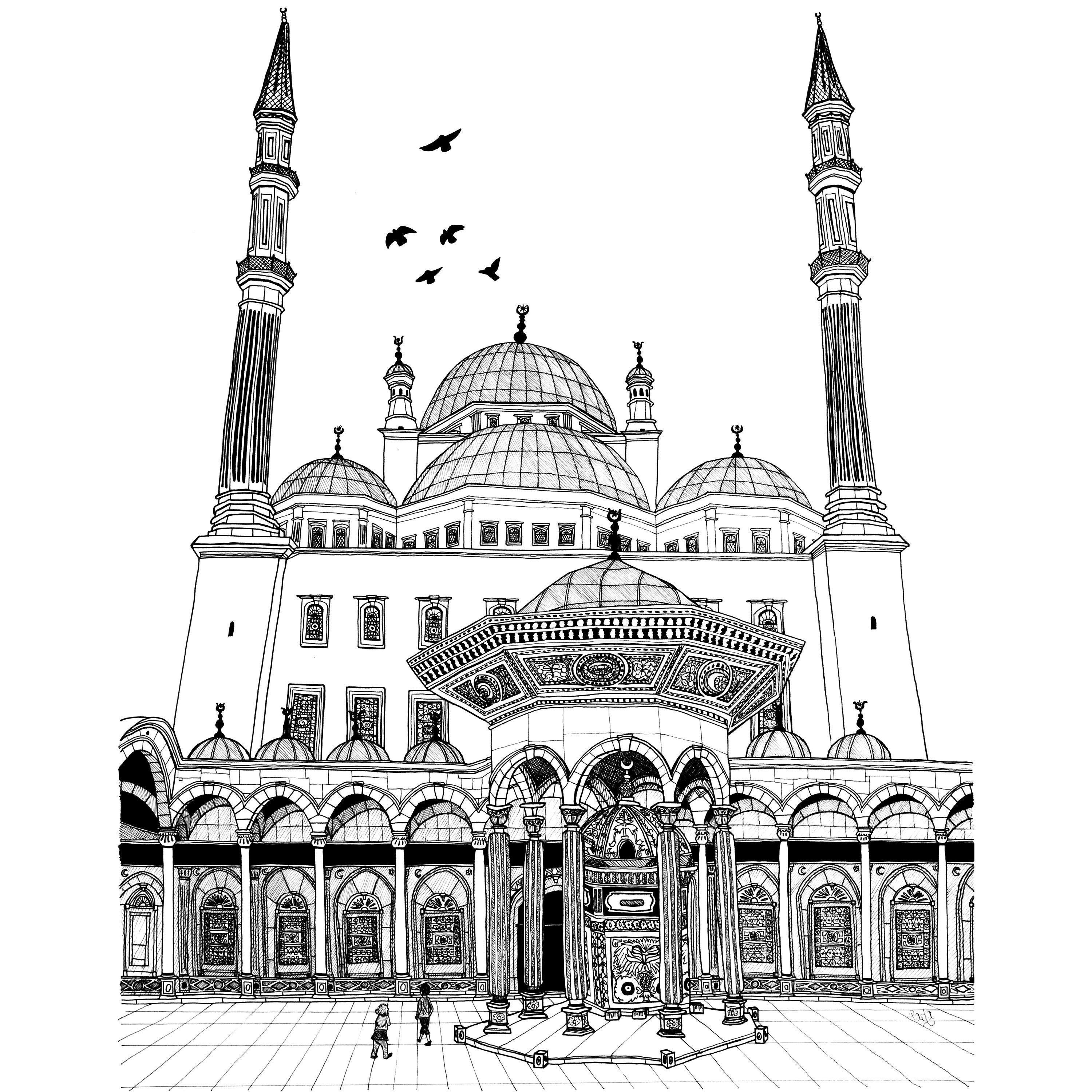 Muhammad Ali Mosque Pen Drawing, Cairo Ink Art, Pen Drawing Egypt ...
